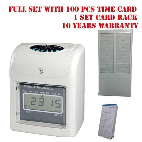 TIME RECORDER PUNCH CARD MACHINE + CARD AND RACK + WARRANTY