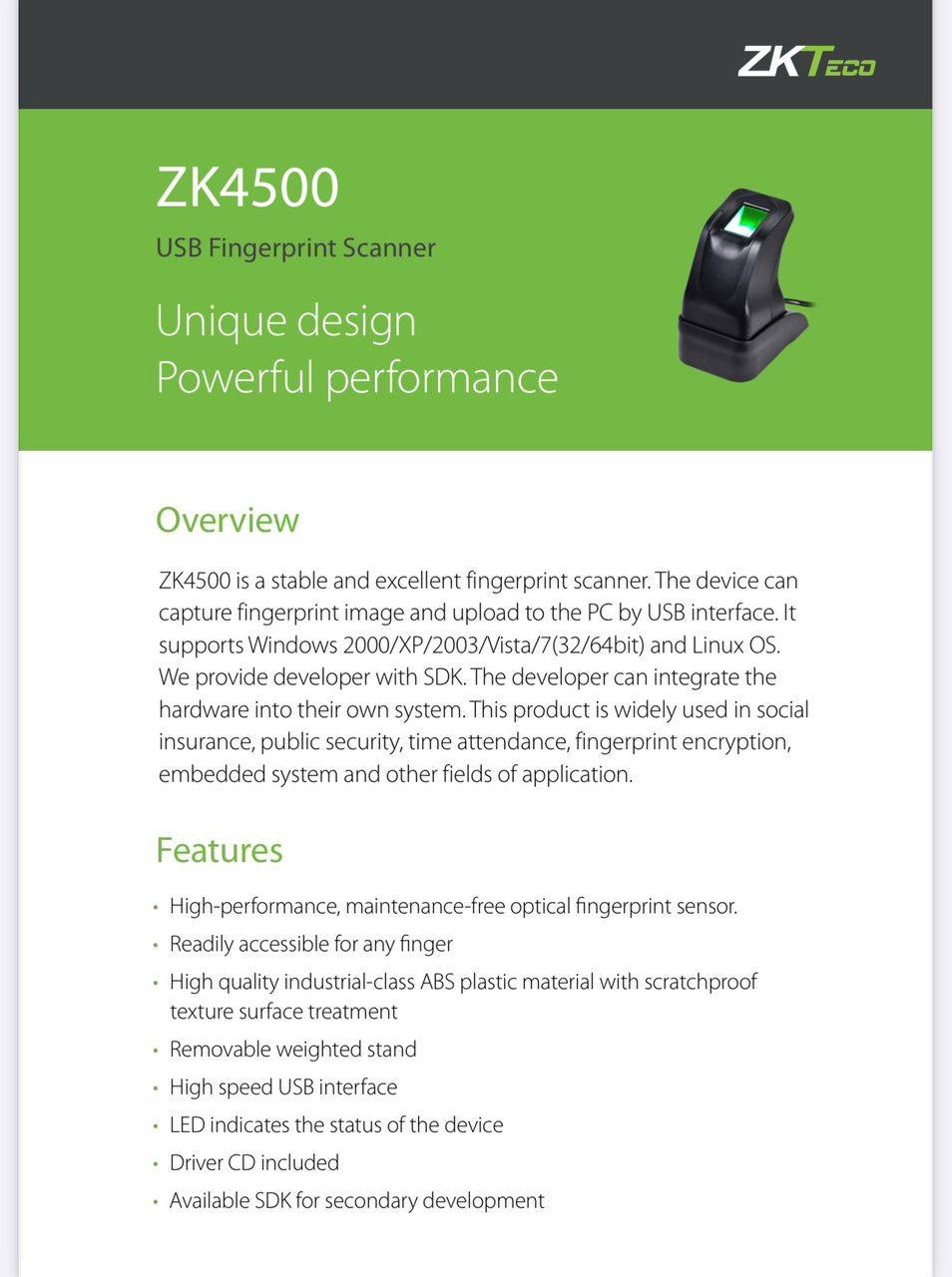 ZK4500 USB Fingerprint Reader