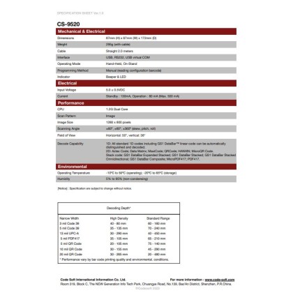 Codesoft CS-9520 wired 2D handheld barcode scanner with stand