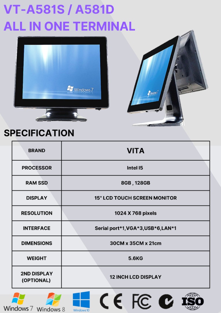 Vita VT-A581D windows All in One touch screen 15 inch + 12 inch (Intel i5)