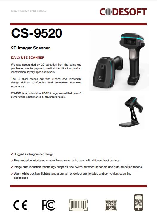 Codesoft CS-9520 wired 2D handheld barcode scanner with stand